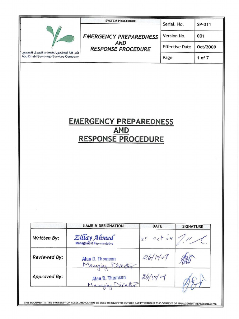 SP-011 Emergency Preparedness & Response Procedure - Version 001 | PDF