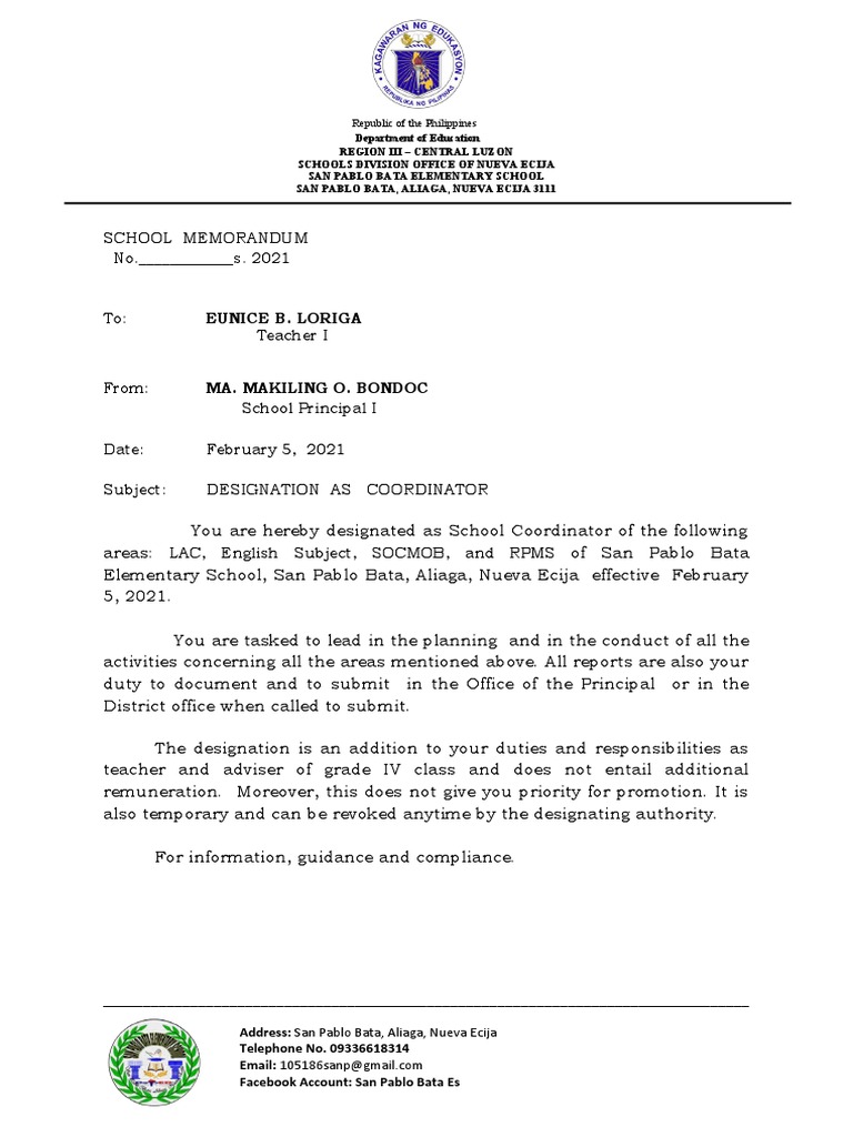 Memo Designation of Subjects | PDF