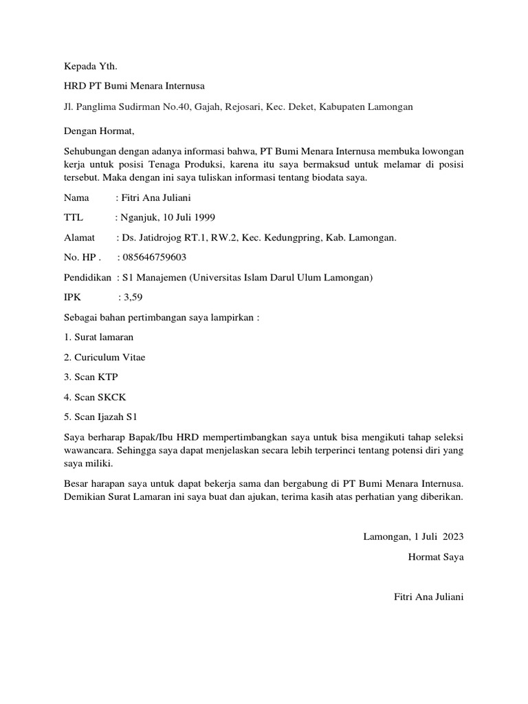 Surat Lamaran BMI | PDF