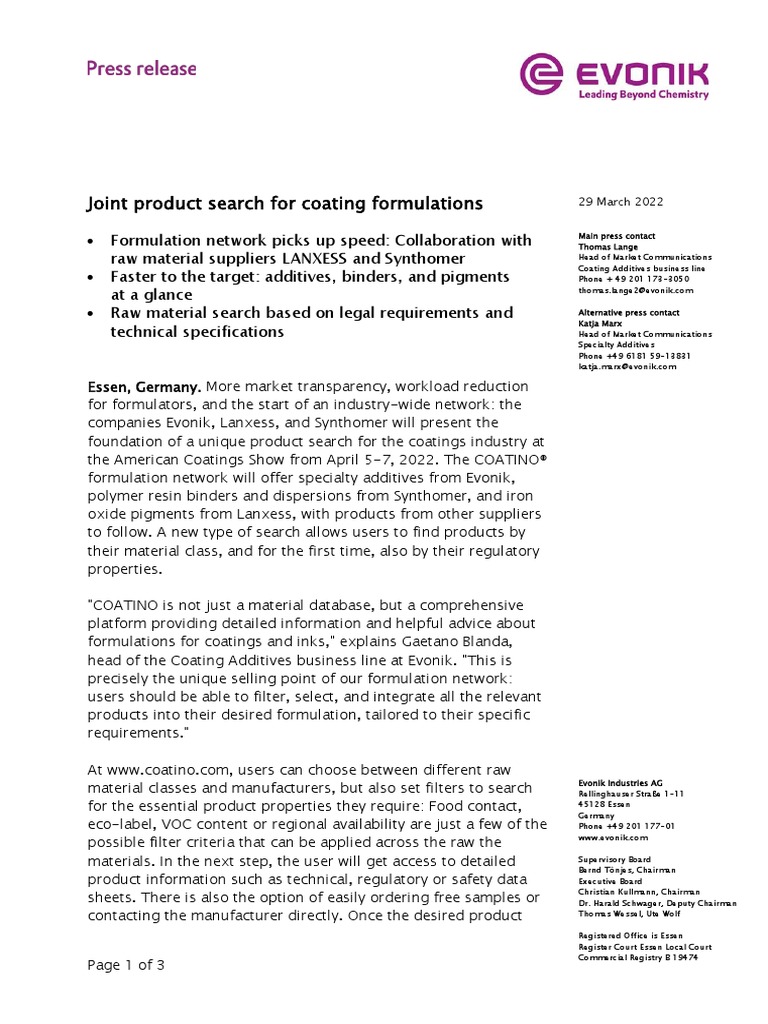 Release - Lanxess and Synthomer (EN) | PDF | Sustainability | Coating