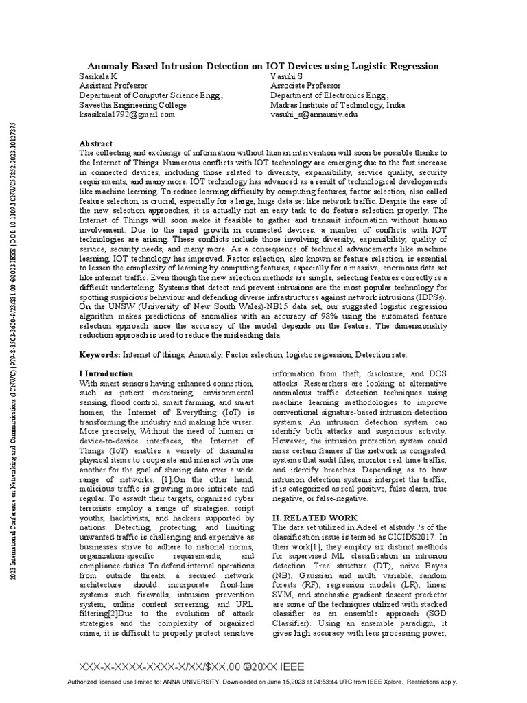 Anomaly Based Intrusion Detection On Iot Devices Using Logistic Regression Pdf