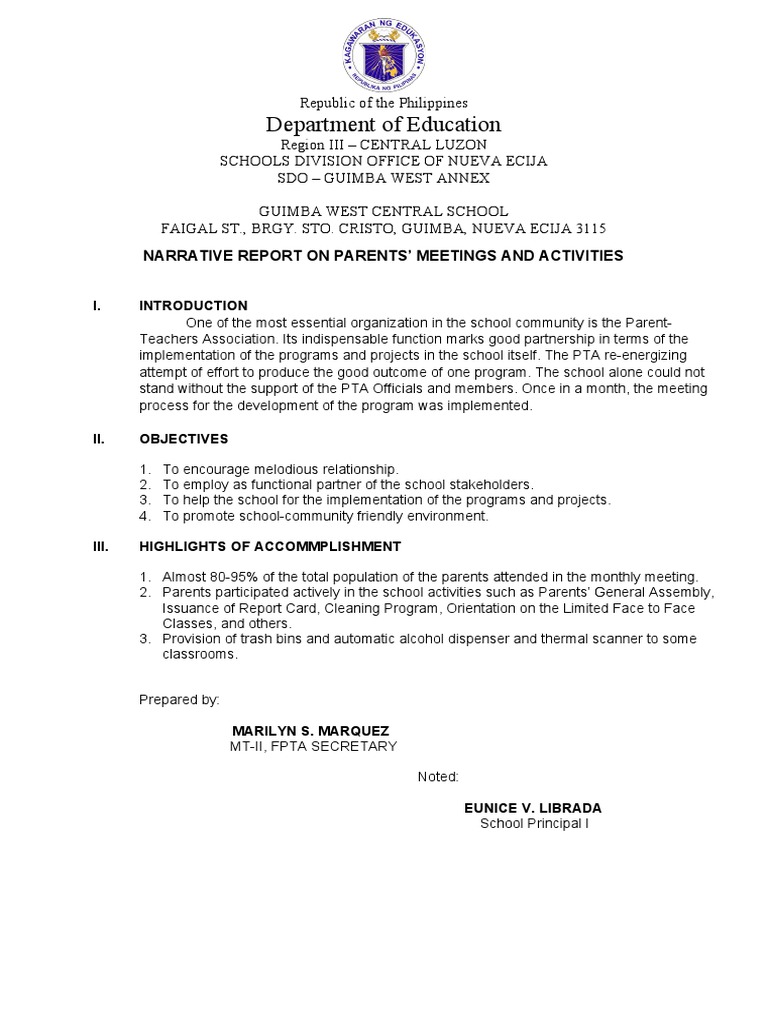 Narrative Report On Pta Meetings | PDF