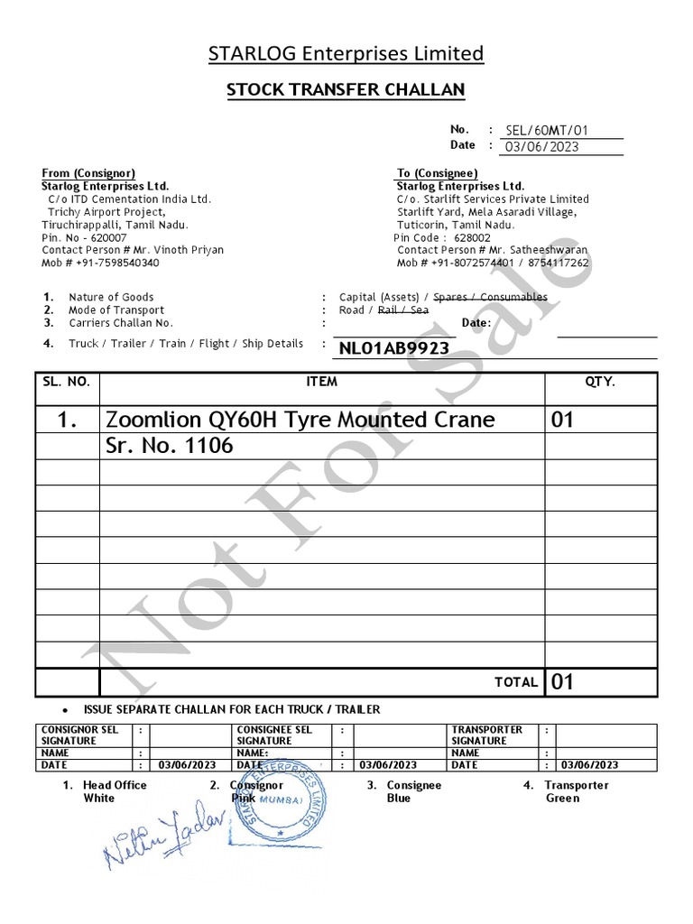Stock Transfer Challan - Trichy to Tuticorin yard | PDF