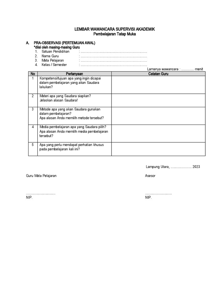 Lembar Wawancara Pra Dan Pasca Observasi | PDF