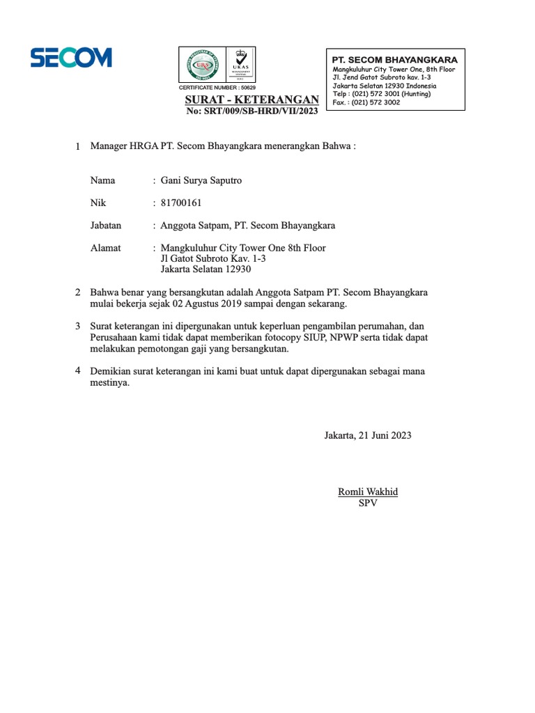 Aktif Kerja Secom | PDF