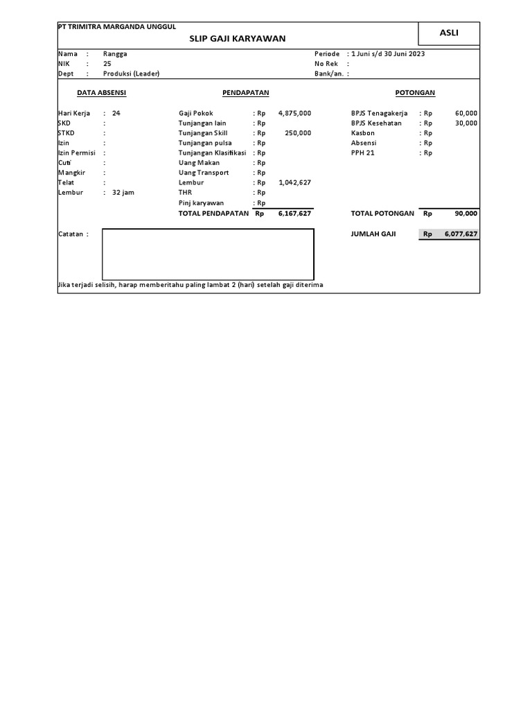 Slip Gaji PT Trimitra Marganda Unggul | PDF
