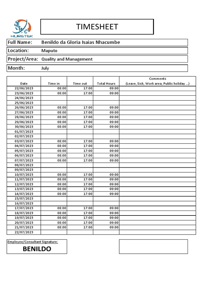 Timesheet Form Benildo Jul - 2023 | PDF