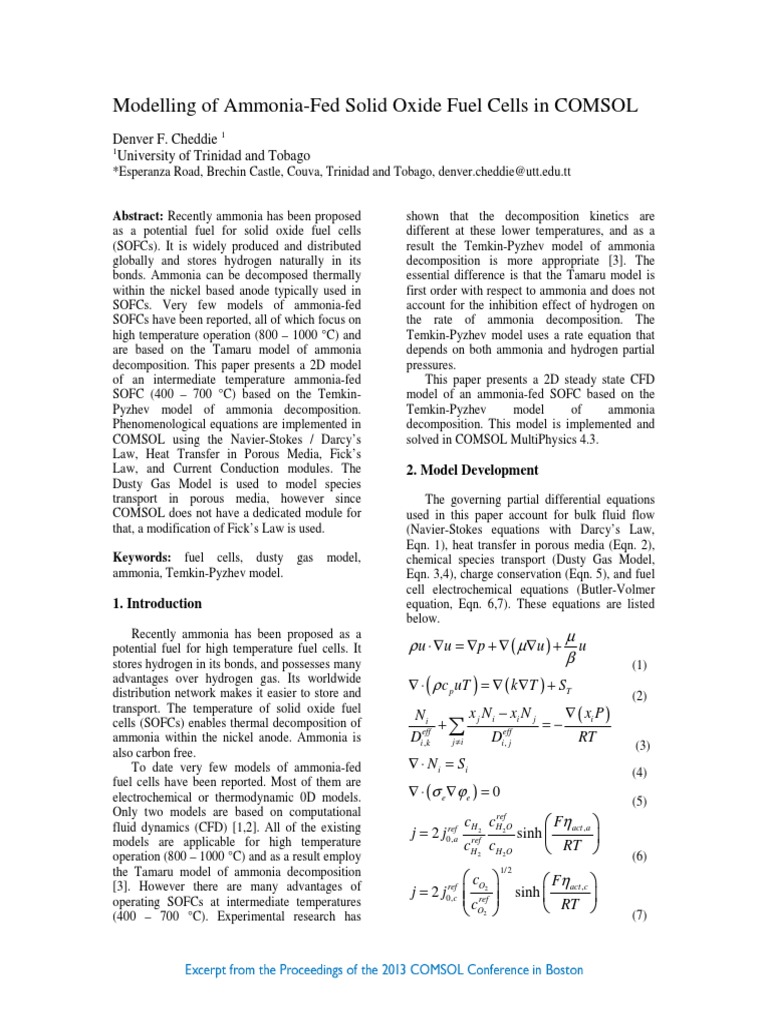 2013-Modelling of Ammonia-Fed Solid Oxide Fuel Cells in COMSOL | PDF | Solid Oxide Fuel Cell ...