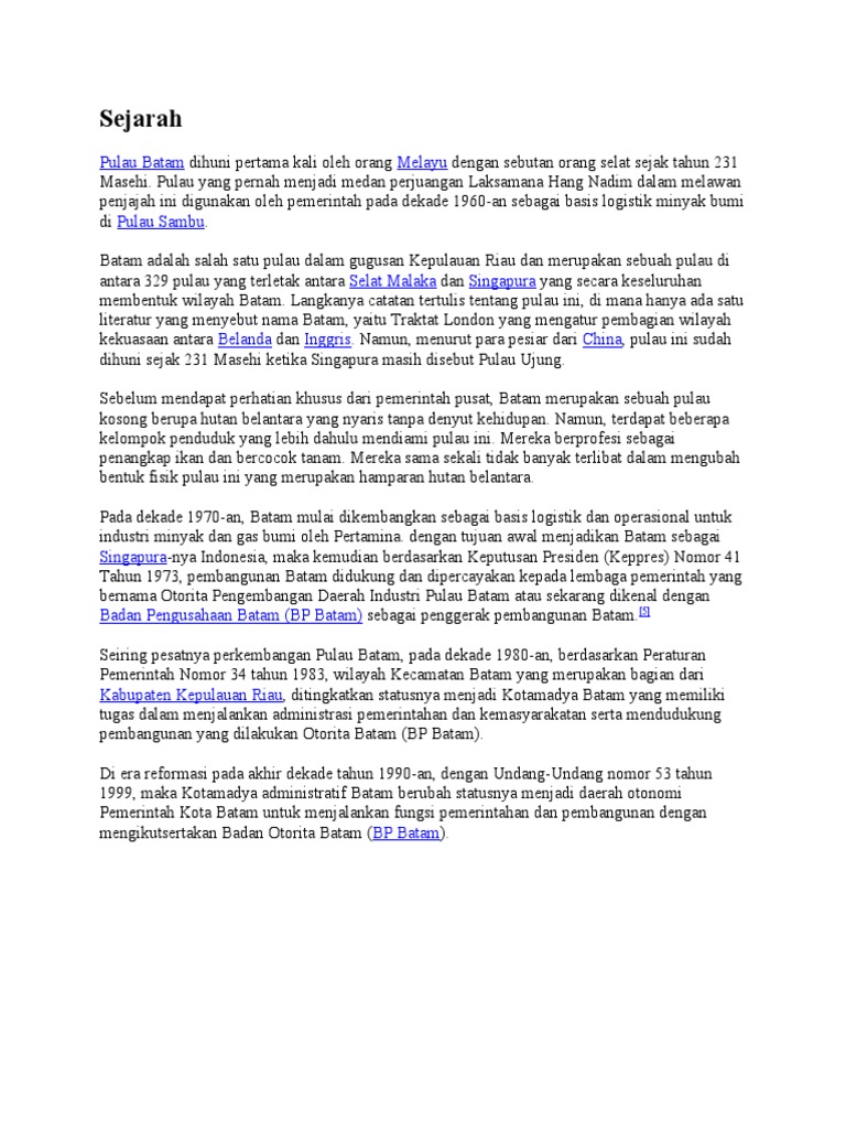 Sejarah: Pulau Batam Melayu Pulau Sambu Selat Malaka Singapura Belanda Inggris China | PDF