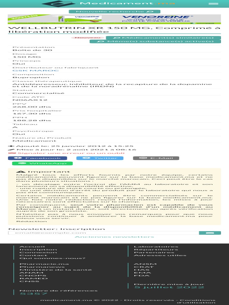 WELLBUTRIN XR 150 MG, Comprimé à Libération Modifiée - Medicament.ma | PDF