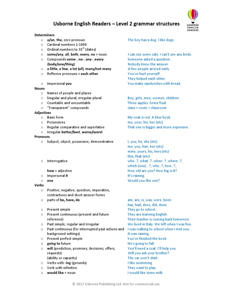 Usborne Readers Level 2 Structures | PDF | Verb | Adjective