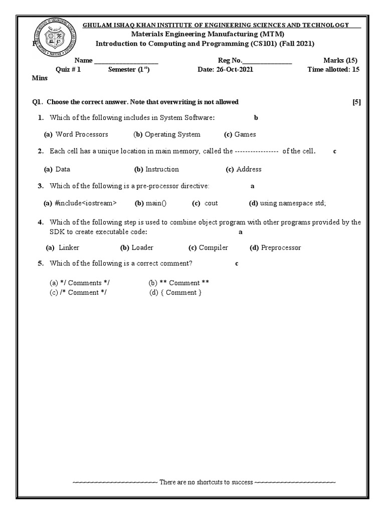 Quiz 01 Sol | PDF | Namespace | Computer Architecture