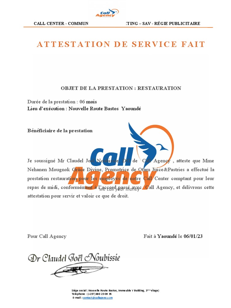 Attestation de Service Rendu pour Restauration | PDF