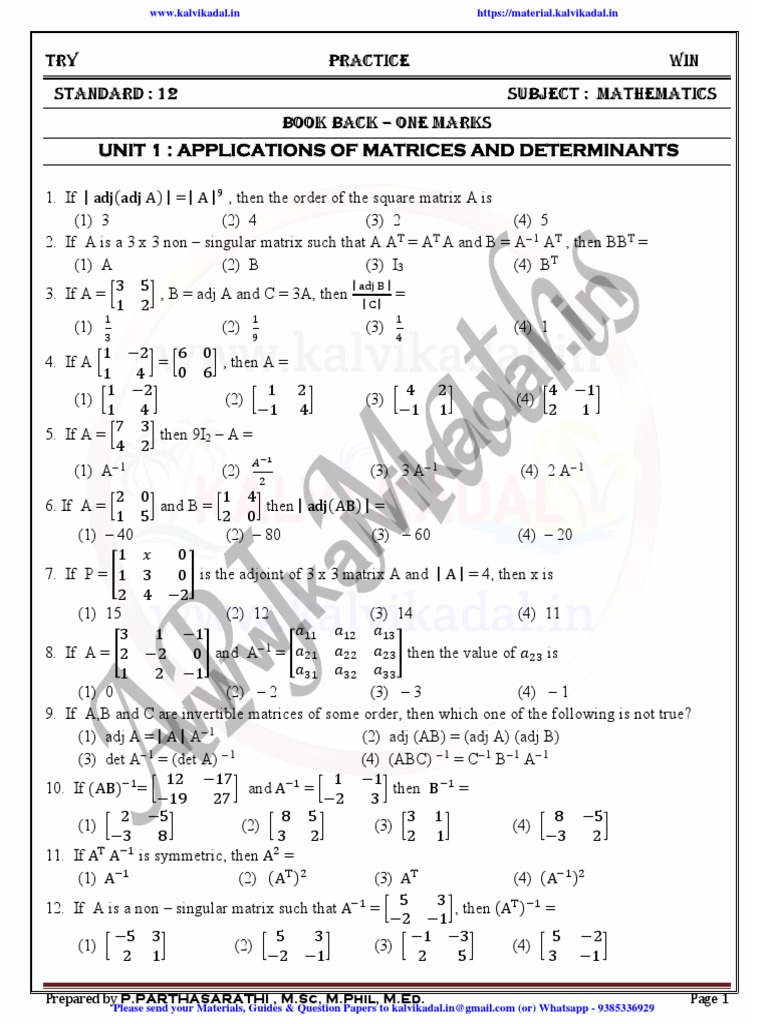 12th Maths Book Back One Marks Question Bank EM | PDF | Matrix (Mathematics) | Zero Of A Function