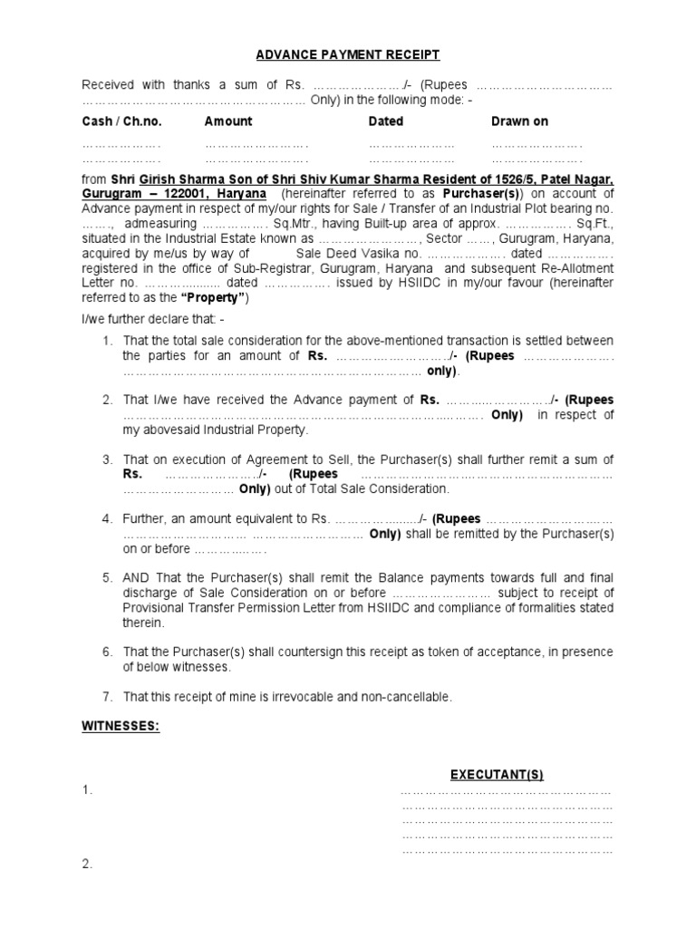 ADVANCE PAYMENT RECEIPT - Blank | PDF