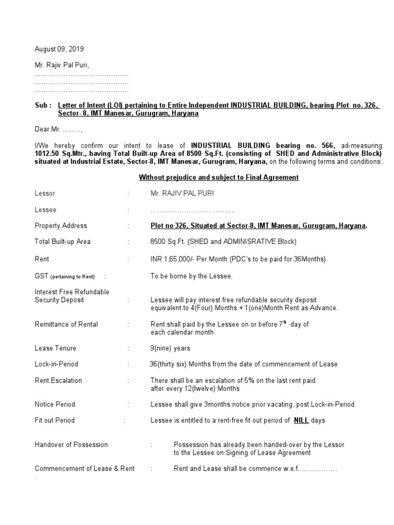 L.O.I. (Ref. Plot No. 326, Sector - 8, IMT Manesar) | PDF