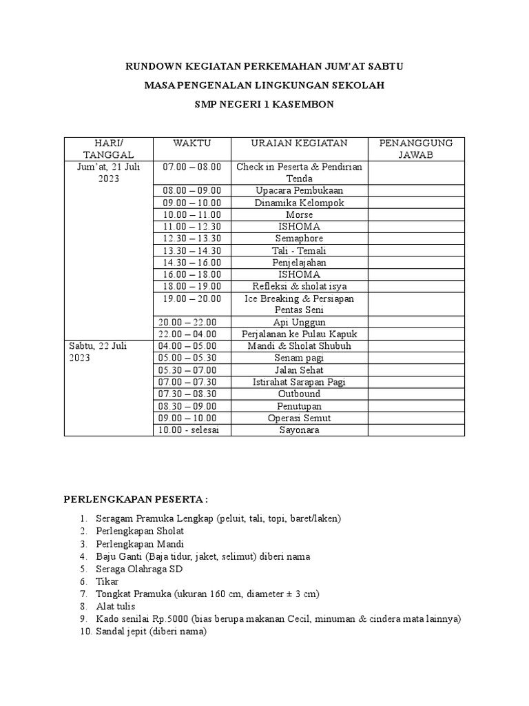 Rundown Kegiatan Perjusa | PDF