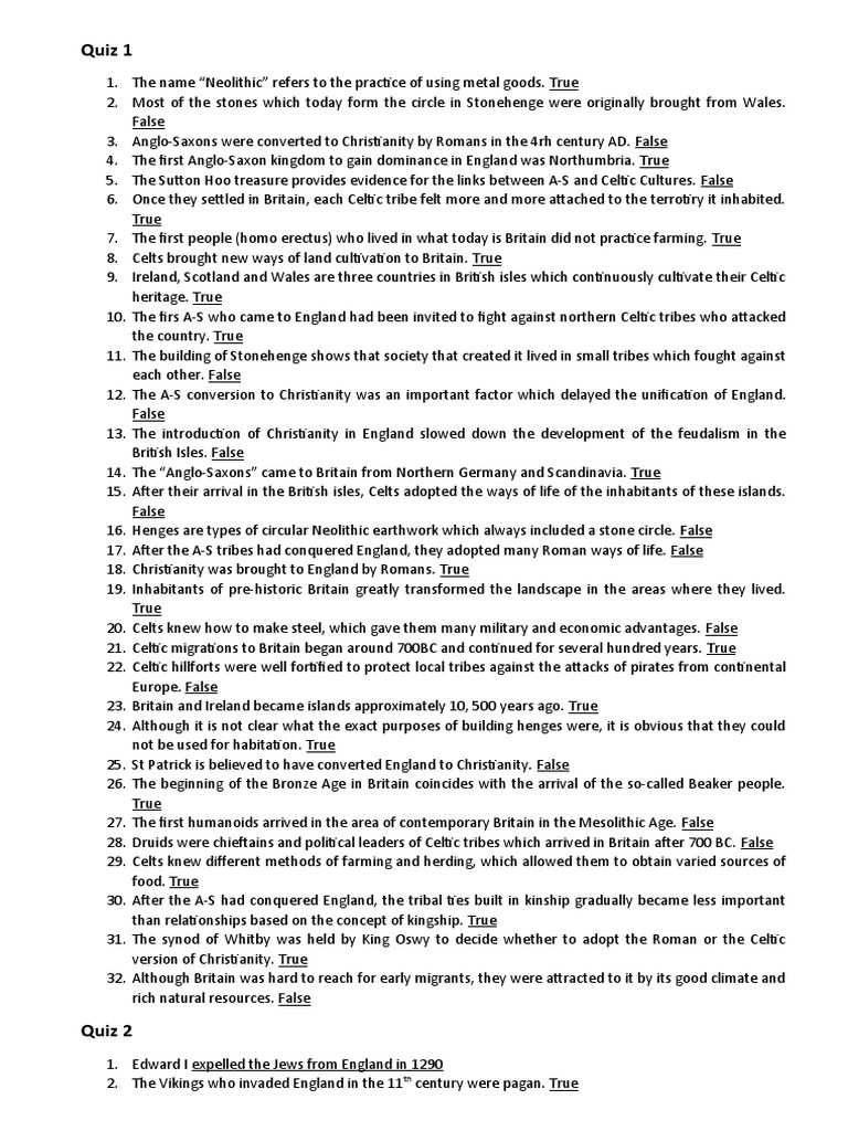 Quizzes History | PDF | Kingdom Of England | Celts