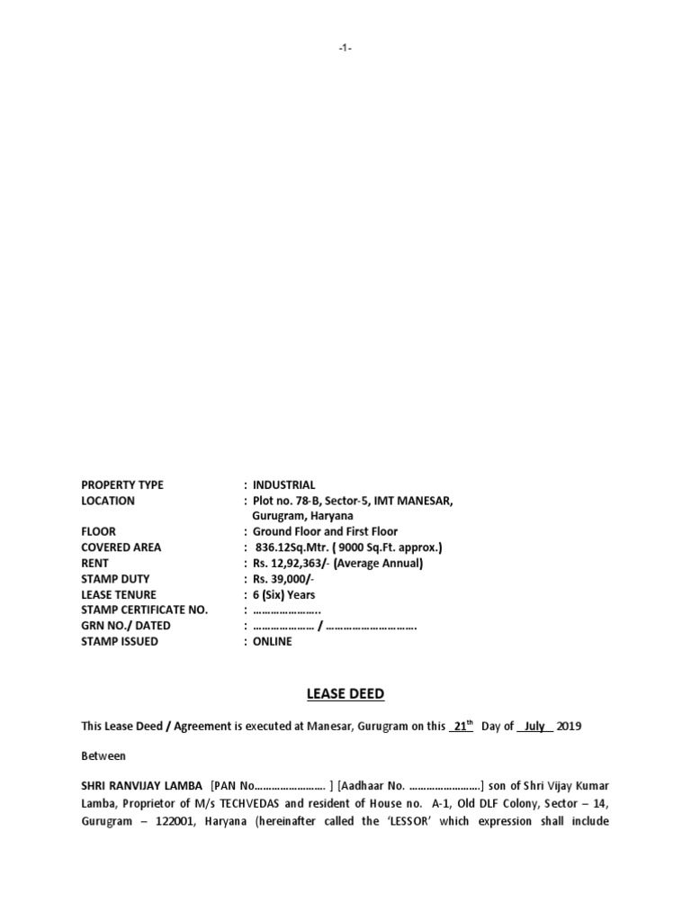 Draft of LEASE AGREEMENT - 78B-5 IMT Manesar - ADREM | PDF | Lease | Property Law