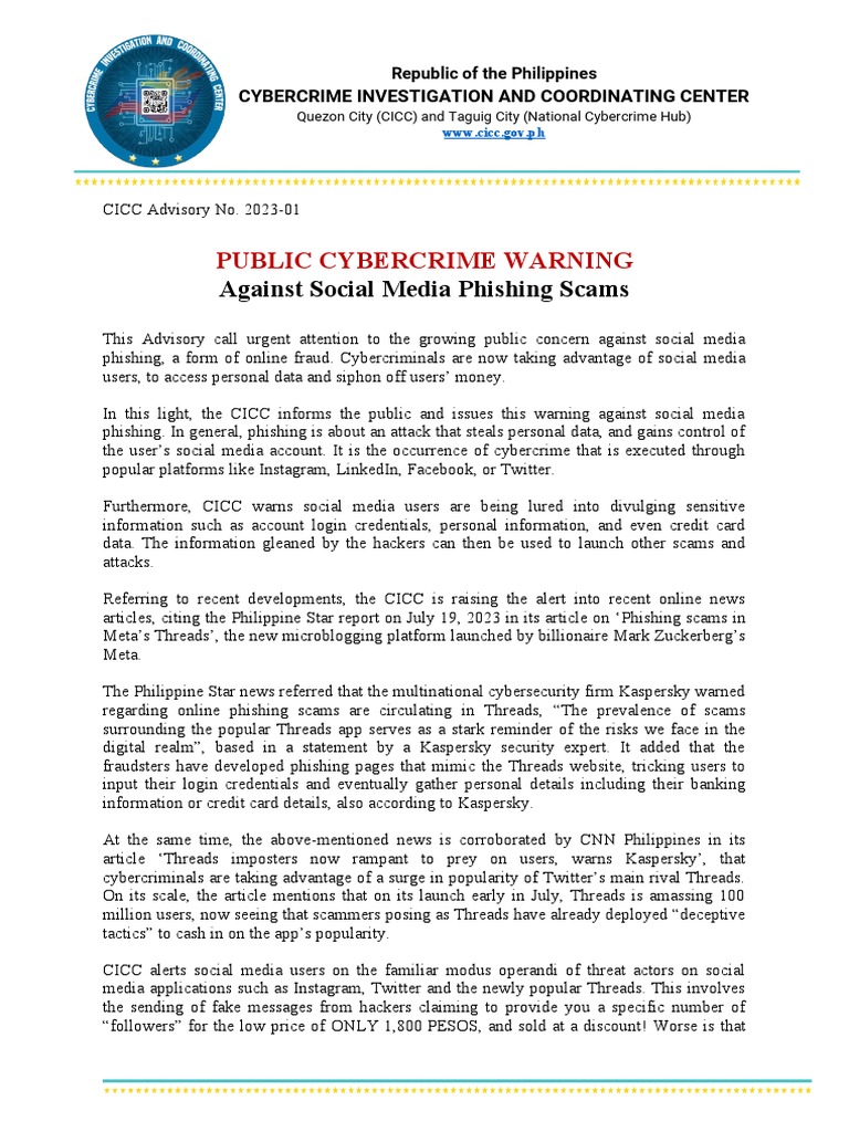 Cicc Social Media Phishing Public Cybercrime Warning | PDF