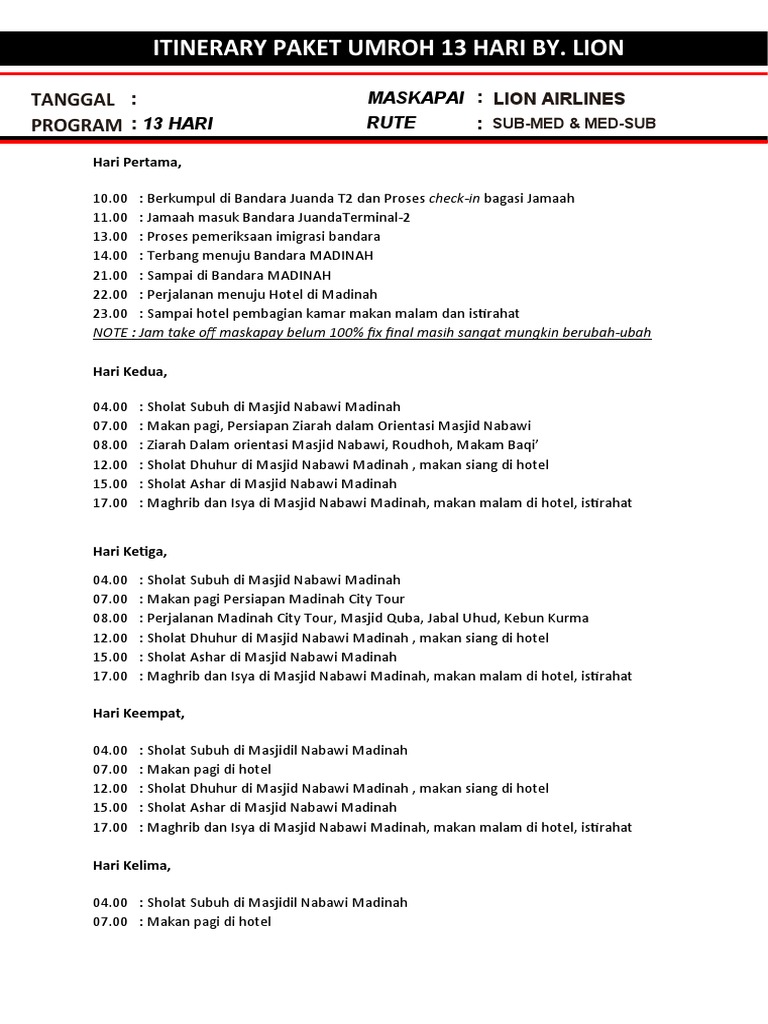 Itenerary 13d Lion Submed Medsub | PDF