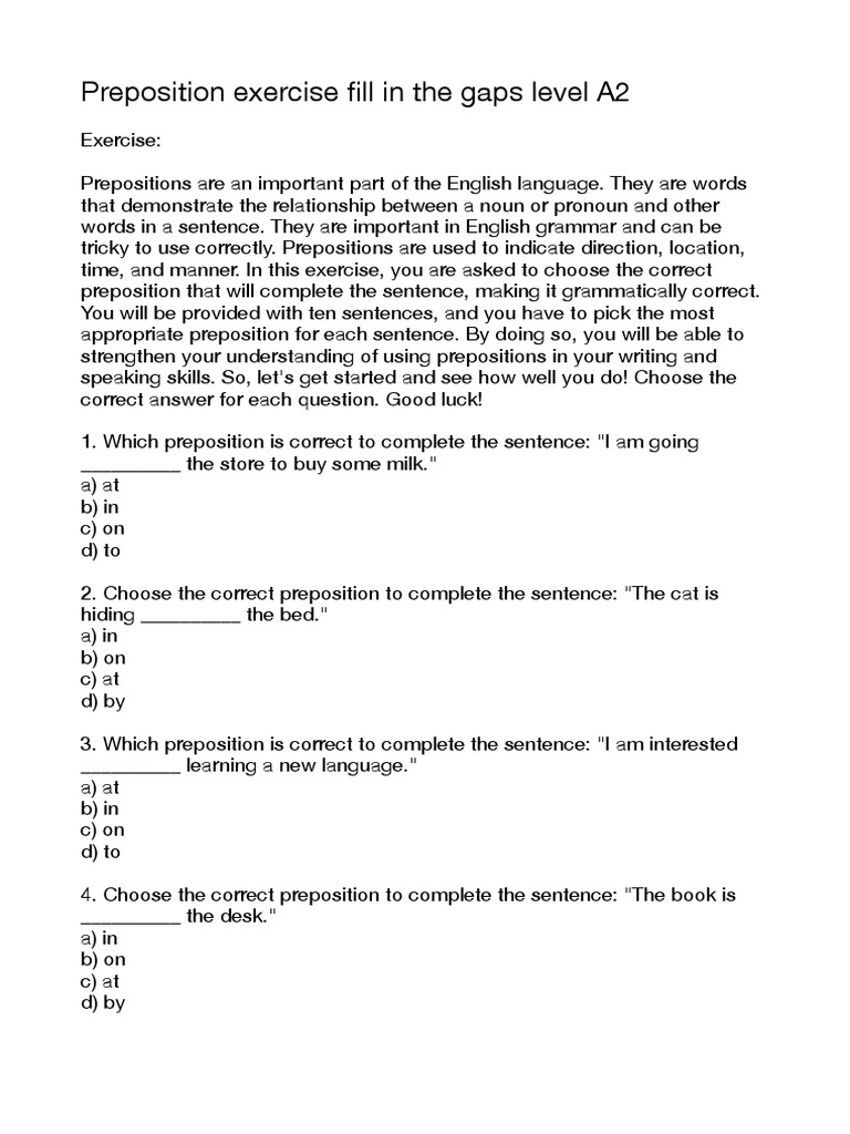 Preposition Exercise Fill in The Gaps Level A2 | PDF