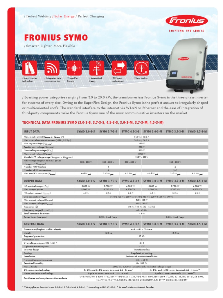 Fronius Symo Spec Sheet | PDF | Power Inverter | Mains Electricity
