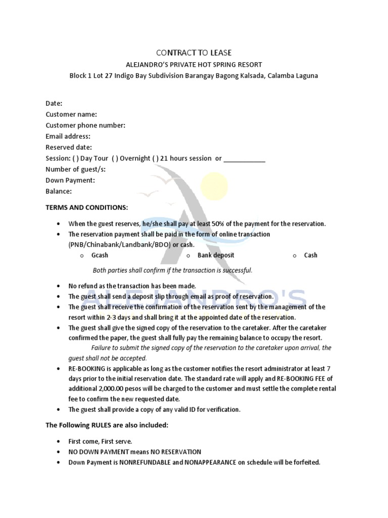 Reservation Agreement Alejandros Private Hot Spring Resort | PDF | Fee ...