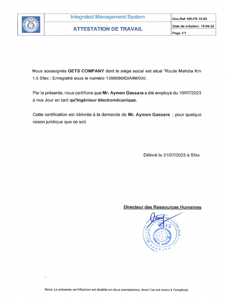 Attestation de Travaill Gets | PDF