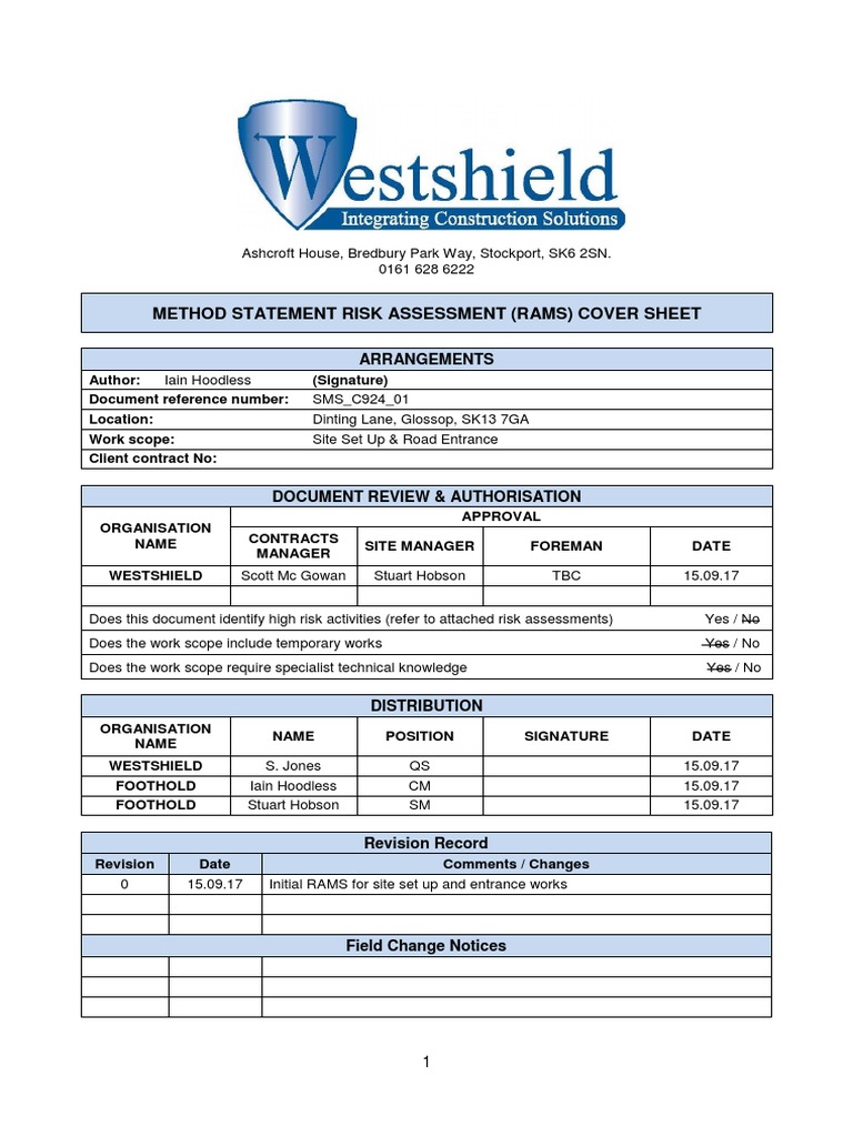 Method Statement Risk Assessment (Rams) Cover Sheet: Arrangements | PDF ...