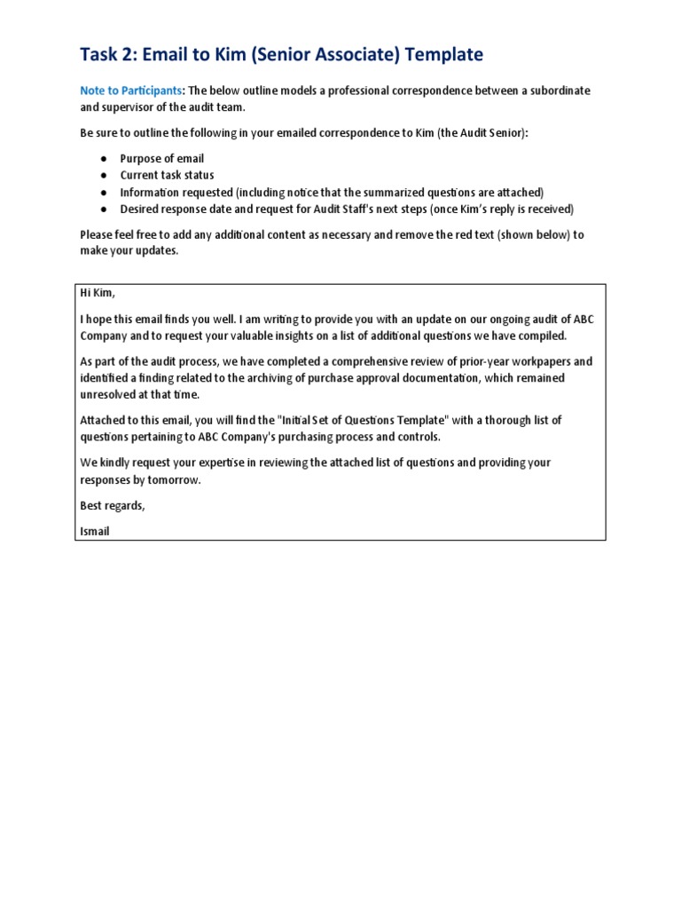 Task 2 - Email To Kim (Senior Associate) Template | PDF