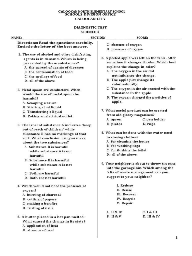 Science 5 Diagnostic Test | PDF | Reproductive System | Sexual Reproduction