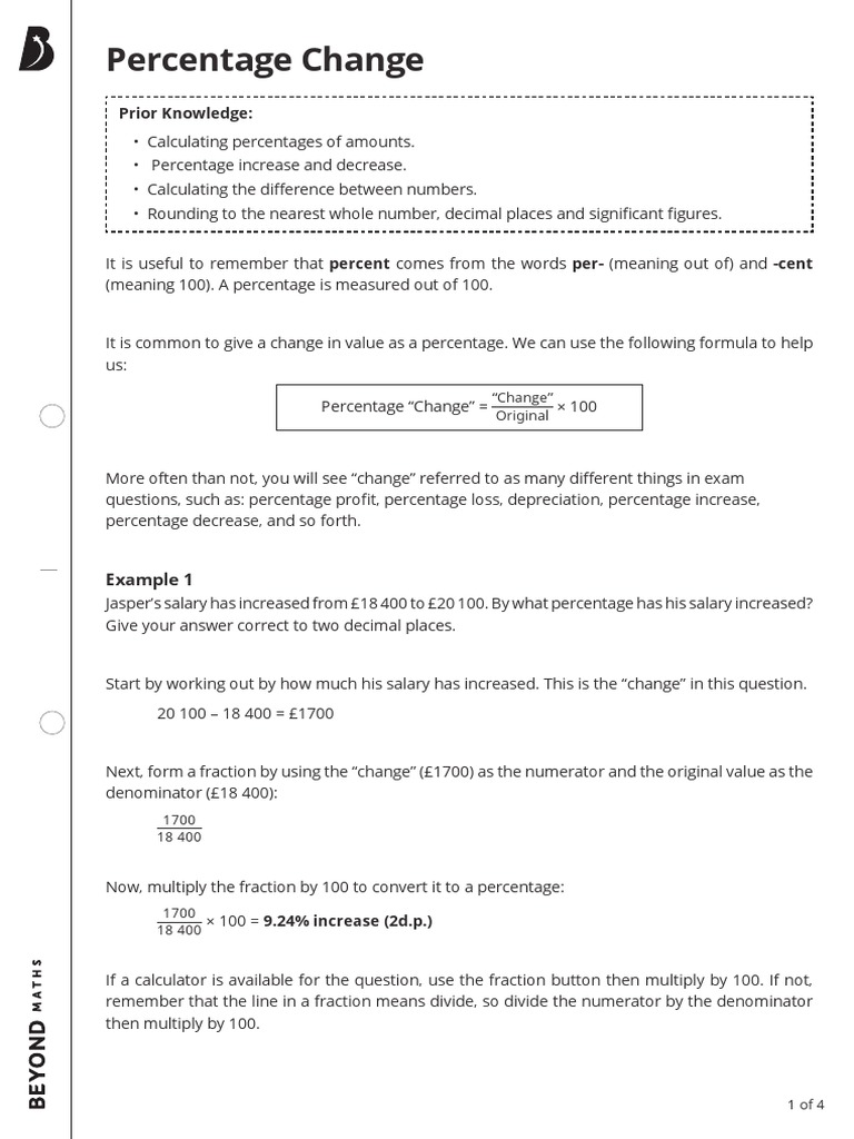 Percentage Change - KS3 Walkthrough Worksheet | PDF | Percentage ...