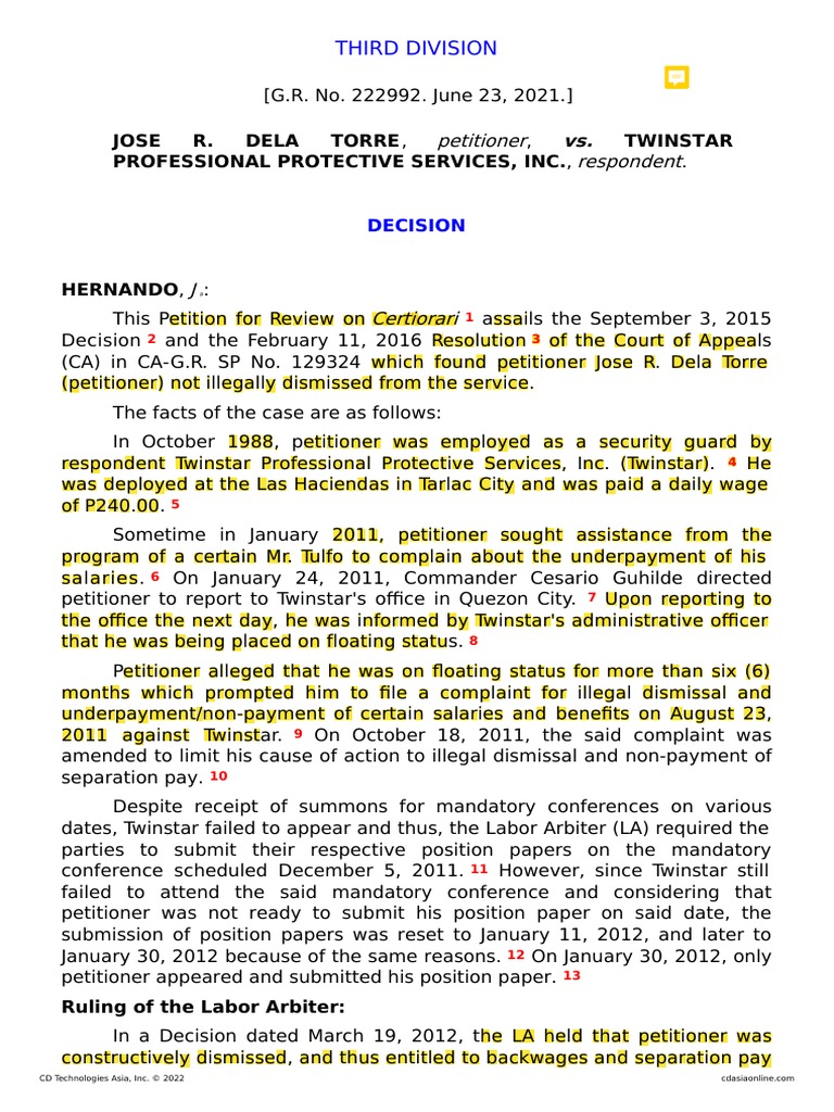 G.R. No. 222992 - Dela Torre v. Twinstar Professional Protective ...