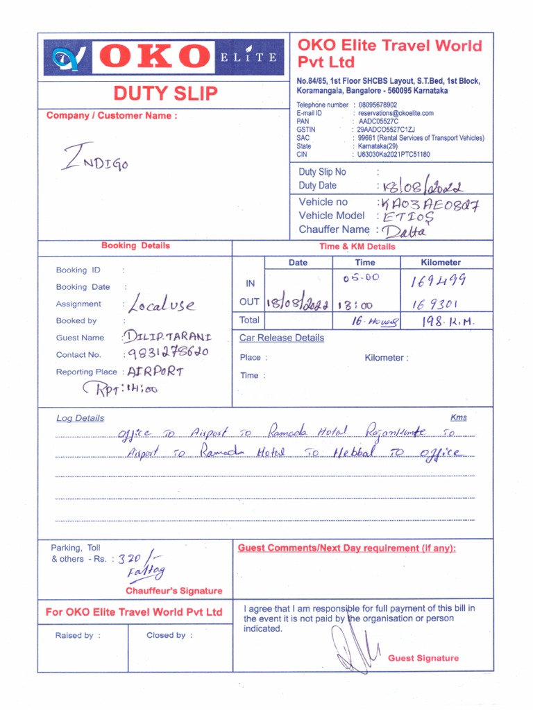 Indigo 18th Aug - 5 Vehicles Duty Slips | PDF