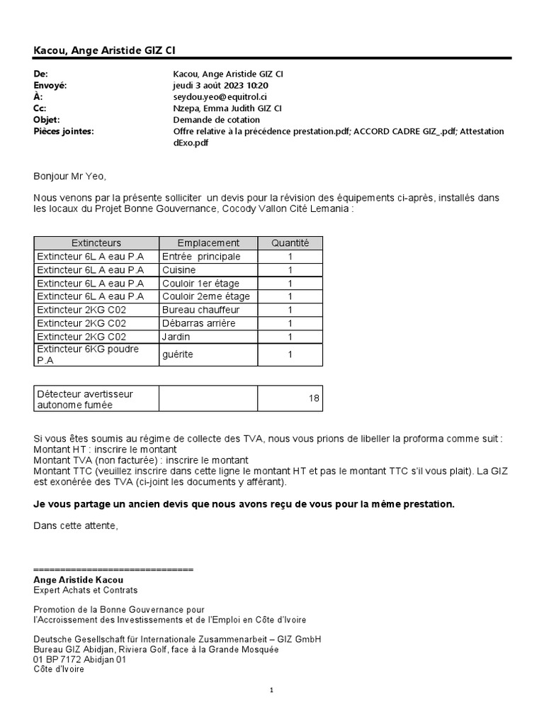 Mail de Demande Cotation | PDF