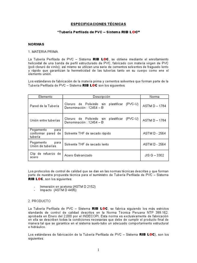 Especificaciones Técnicas "Tubería Perfilada de PVC - Sistema RIB L ...