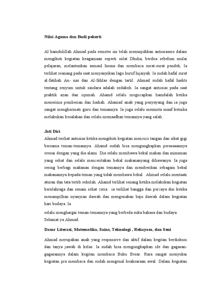 CONTOH Deskripsi Rapor Kurikulum Merdeka Ok | PDF