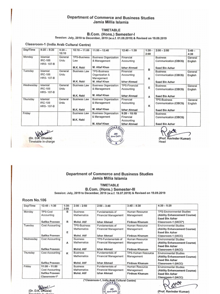 Time Table Commerce Bcom Odd Sem 2018-20 | PDF