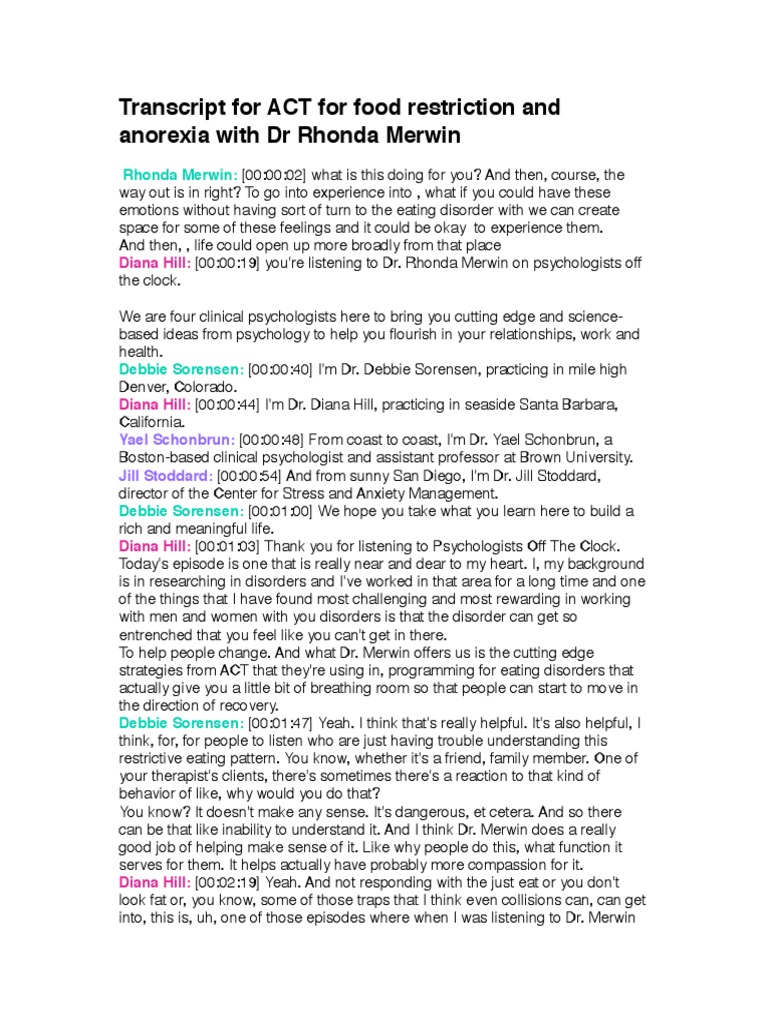 128 Transcript ACT For Food Restriction and Anorexia With DR Rhonda ...