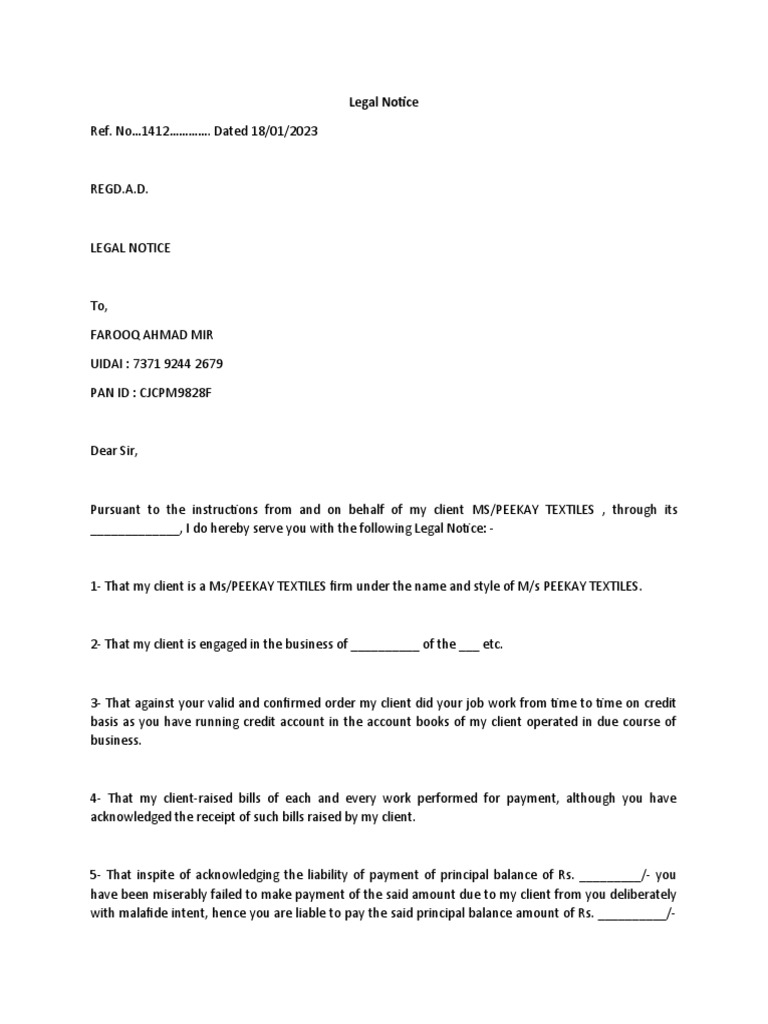 Legal Notice for Outstanding Payment | PDF | Law