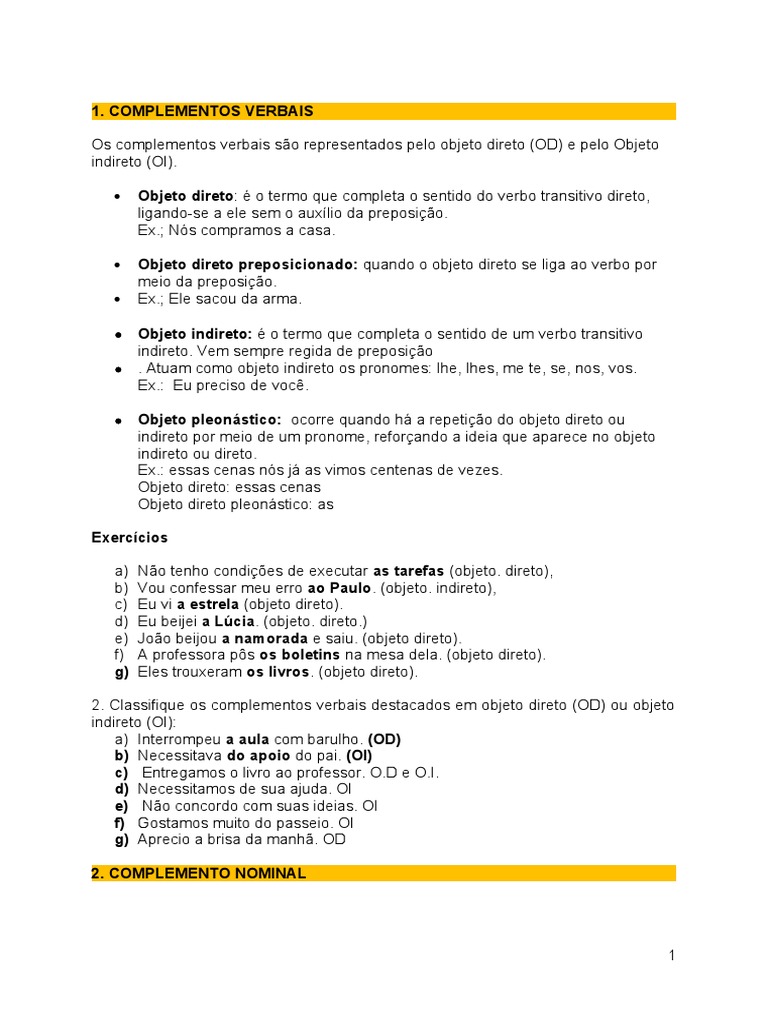 5 Complementos Verbais TI - RESUMO | PDF | Objeto (gramática) | Assunto ...