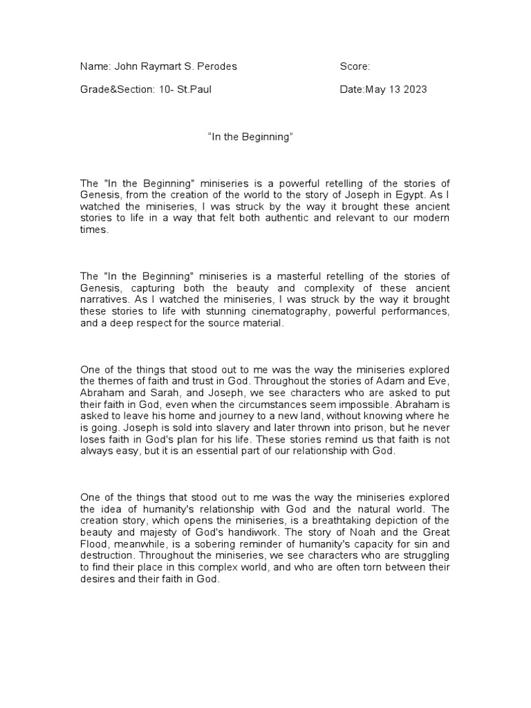 Reflection Paper Kulot | PDF | Book Of Genesis | Religious Belief And ...