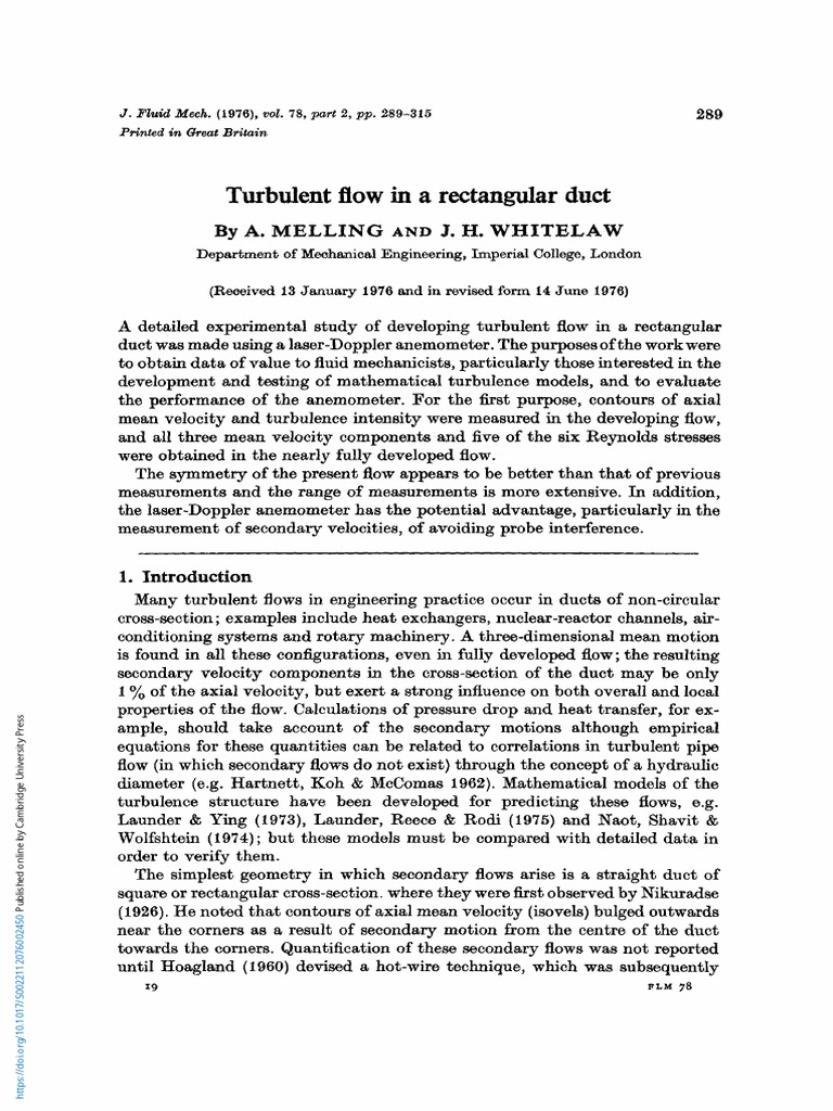 1976 Melling Turbulent Flow in A Rectangular Duct | PDF | Fluid Dynamics | Turbulence