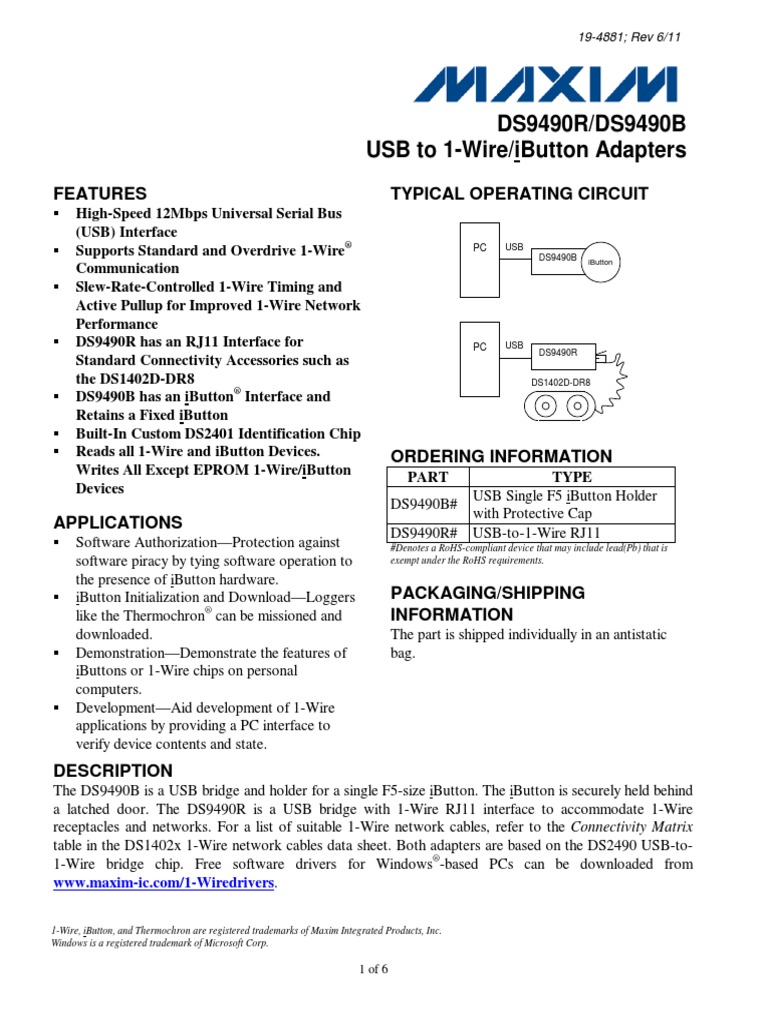 DS9490 DS9490R | PDF | Usb | Manufactured Goods