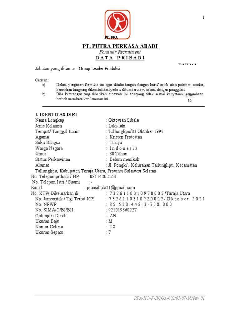 Form Recruitment Data Calon Karyawan PT. PPA | PDF