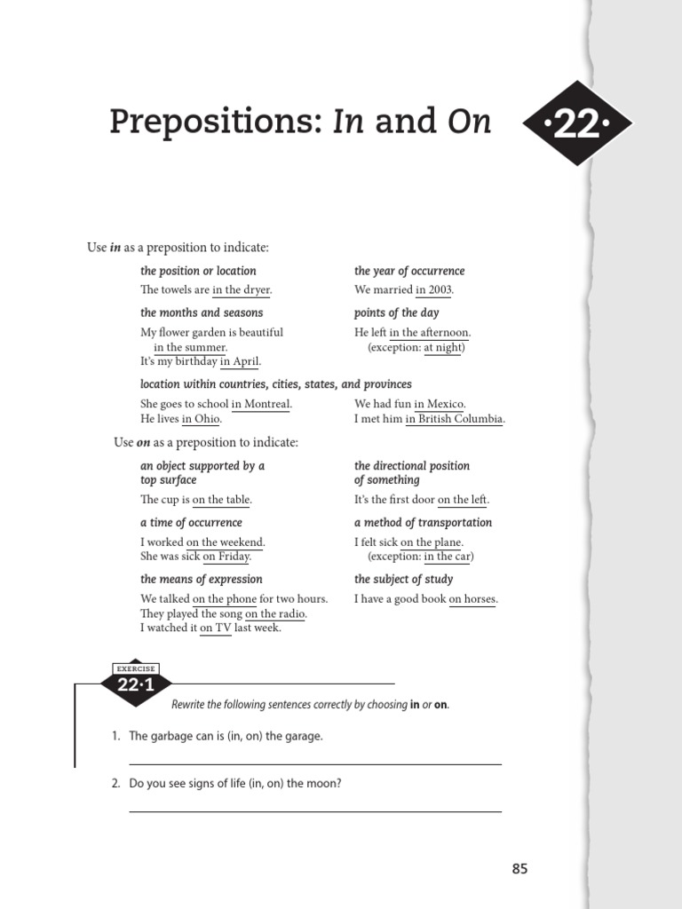 Prepositions (In and On) | PDF
