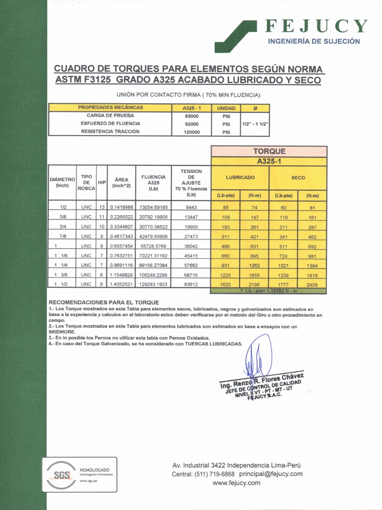 Tabla de Torque A325 Lubricado y Seco | PDF