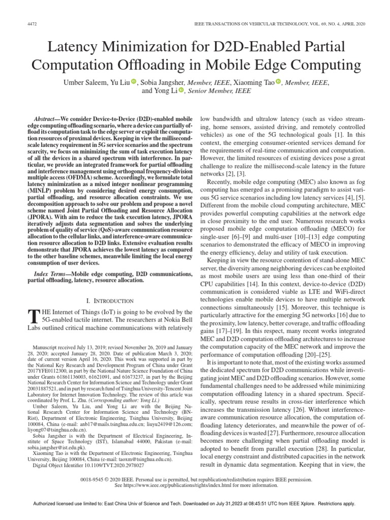 Latency Minimization For D2d Enabled Partial Computation Offloading In Mobile Edge Computing Pdf
