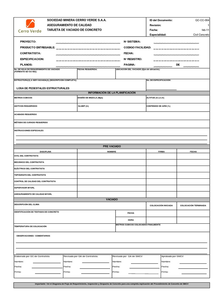 QC-CC-004 - Tarjeta de Vaciado de Concreto - V1 | PDF